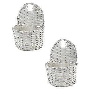 AuldHome Wicker Wall Pocket Baskets (2-Pack, White); Hanging Flower Door Baskets