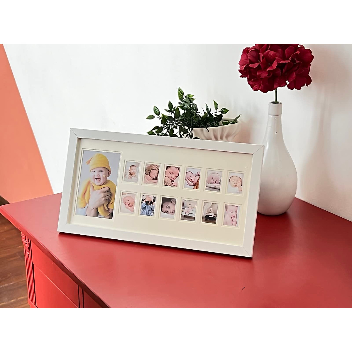 WOOD SIDE ORBIS My First Year Photo Moments Baby Keepsake Frame with Double Mat, Stand and Hangers, Gift for Mother or Parents - White