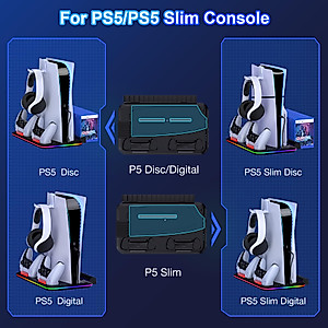 PS5 Slim Stand Cooling Station for Playstation 5 Slim Console Disc/Digital,PS5 Accessories Cooling Stand with 3-Level Cooler Fan,Dual PS5 Controller Charger,RGB Light,Headset Holder,15 Game Slot-Black