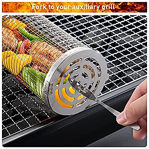2Pcs Rolling Grilling Basket,Round Stainless Steel BBQ Grill Mesh,With Oven Mitts,Fork,Stainless steel brush and BBQ Grill Basket for Vegetables, French Fries, Fish,Meat