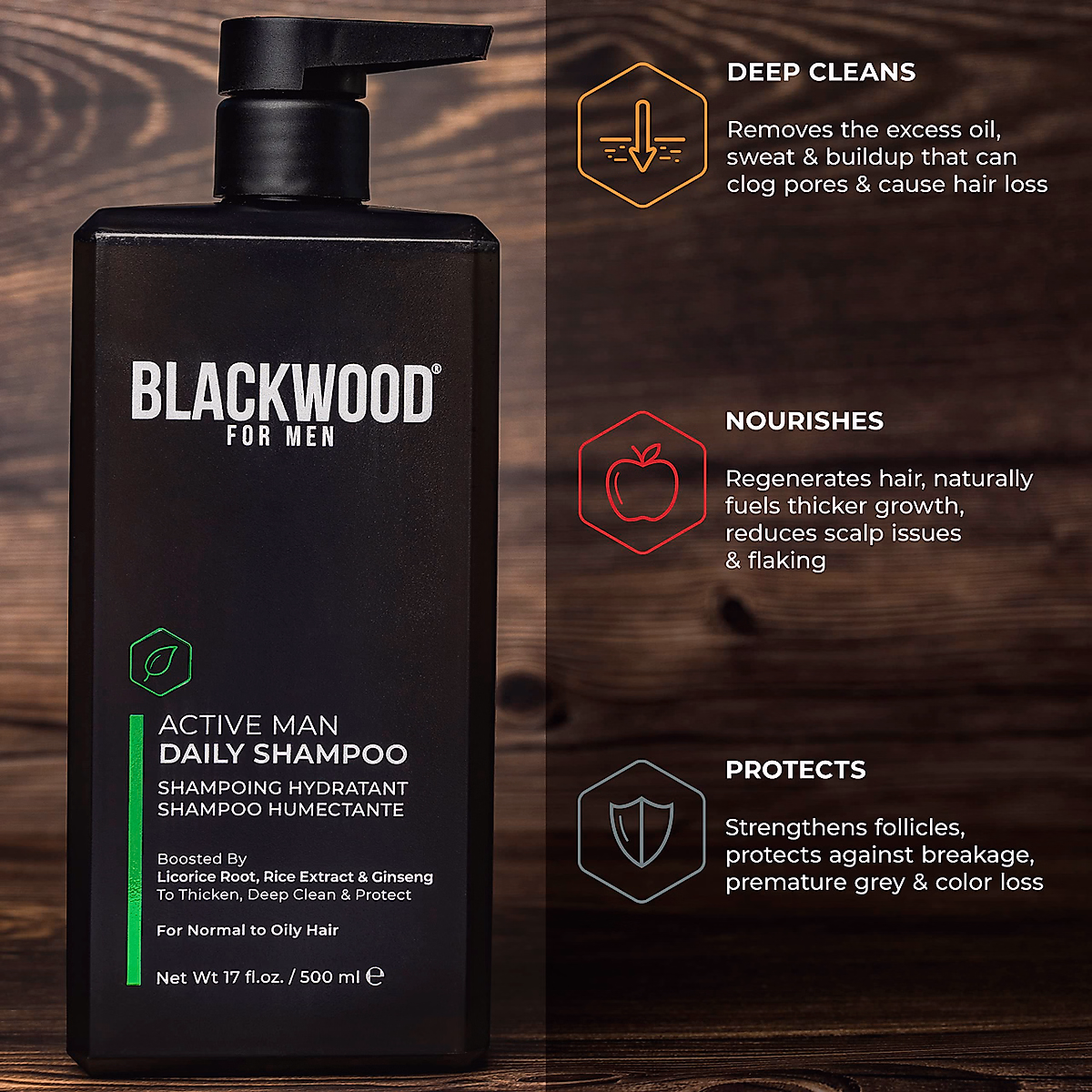 BLACKWOOD FOR MEN Active Man Daily Shampoo - Thickening & Clarifying Shampoo for Normal to Oily Hair or Scalp - Fights Hair Loss - Natural Vegan Formula - Sulfate Free with Ginseng & Aloe Vera (17oz)