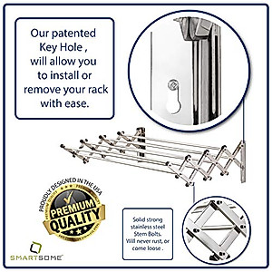 Smartsome Space Saver Fold Away Racks: Stainless Steel Wall Mounted Laundry Drying Rack, Easy to Install - 8 34" Rods, Total: 22.5 Linear Ft, 60 lb Capacity- Indoor and Outdoor Use