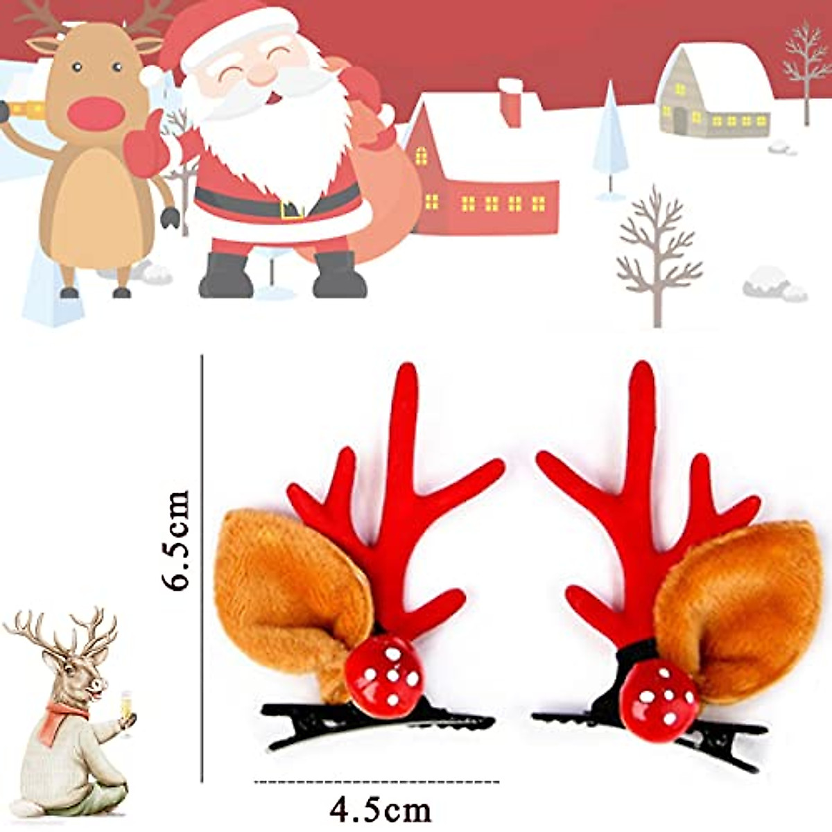 Christmas Antlers Hair Clips - 4 Pairs Hairpins with Reindeer Headband Horn and Ear - Deer Christmas Party Hair Accessories Supplies for Adult and Kids, Kuromi Red