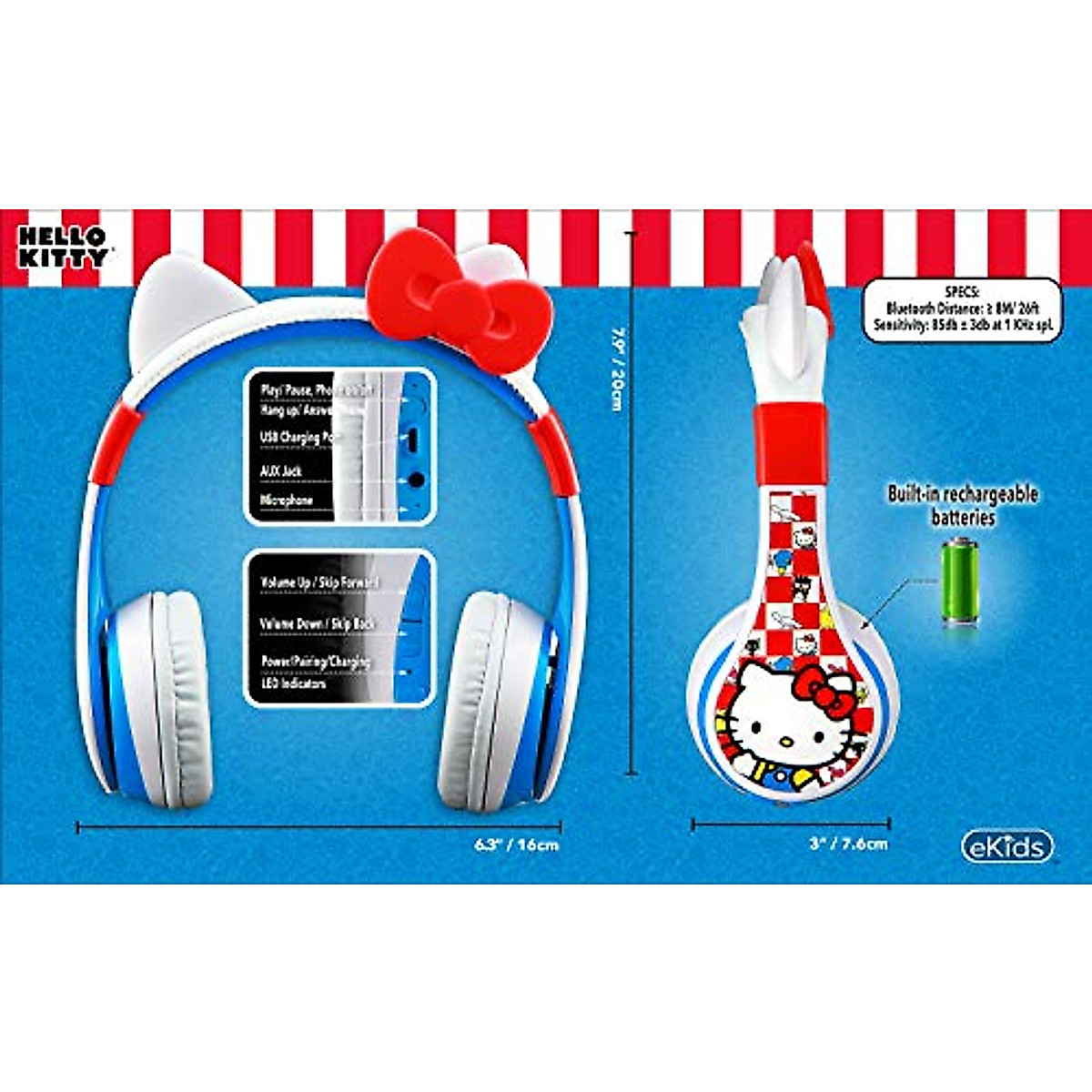 eKids Hello Kitty Kids Bluetooth Headphones, Wireless Headphones with Microphone Includes Aux Cord, Volume Reduced Kids Foldable Headphones for School, Home, or Travel