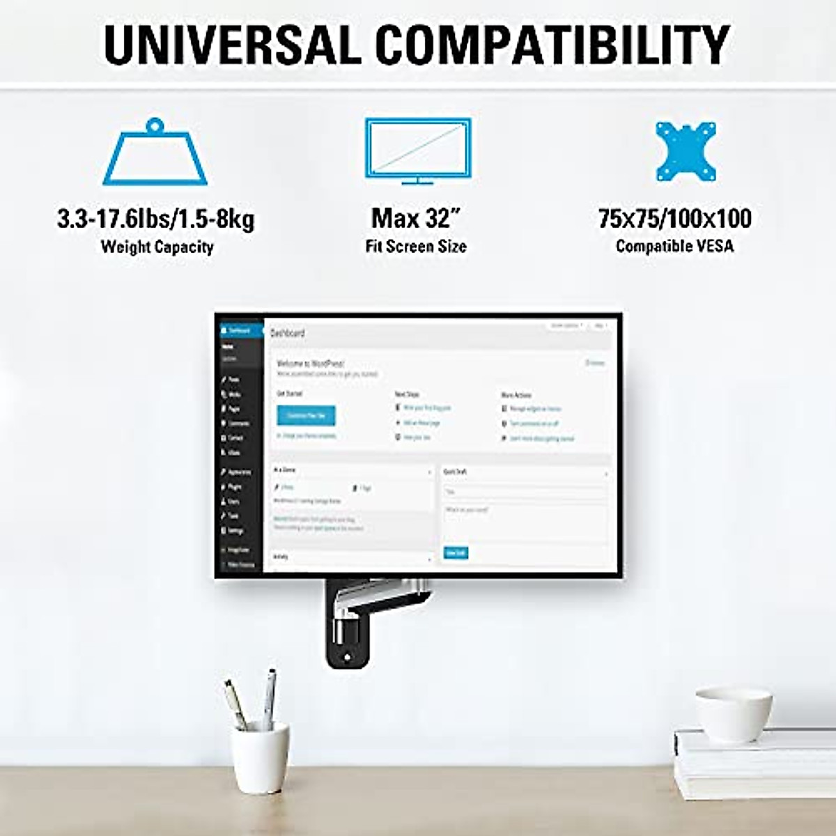 MOUNTUP Quad Monitor Stand, 4 Monitor Desk Mount for 13 to 32 inch Computer Screens + MOUNTUP Monitor Wall Mount
