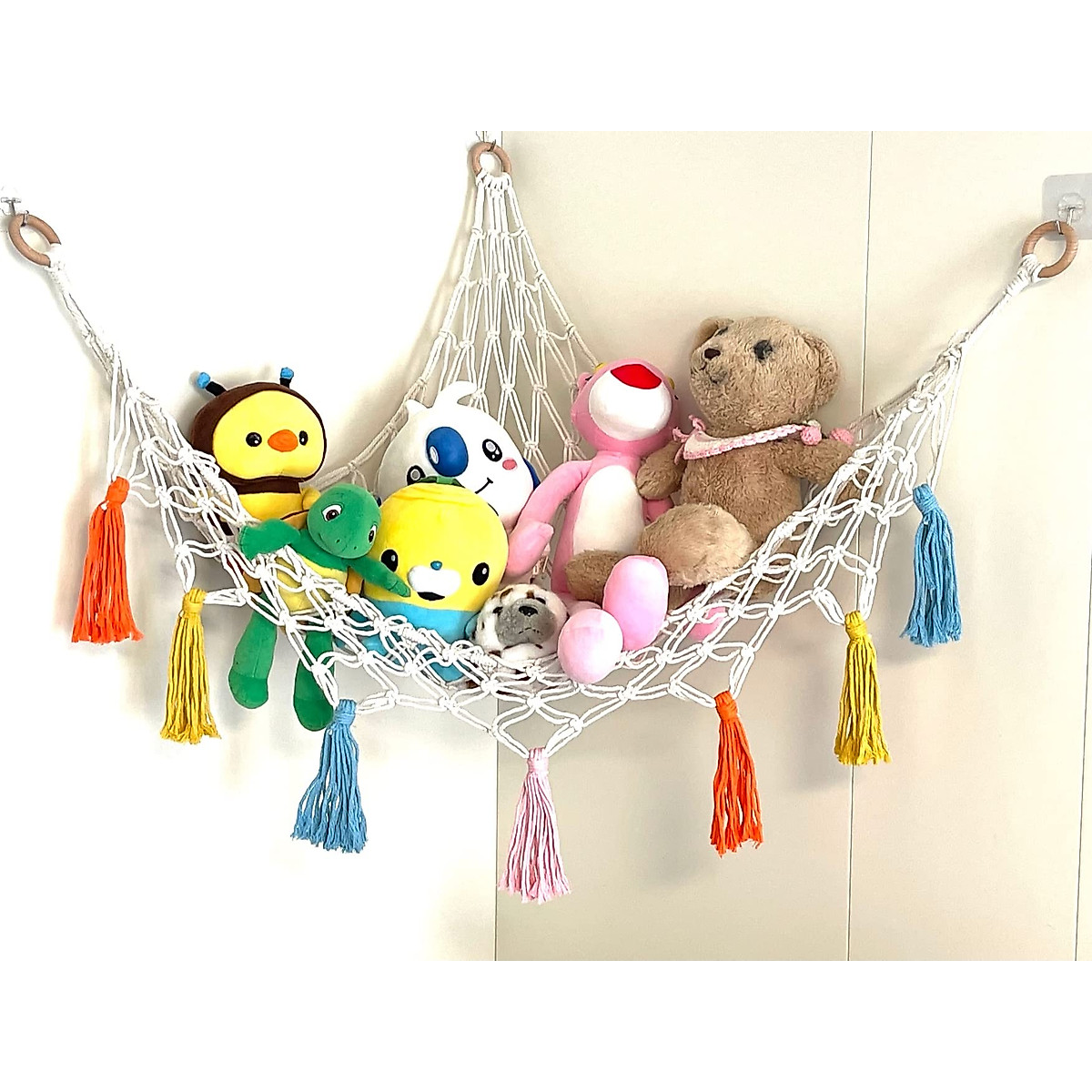 MacrameBay Large Handmade Macrame Stuffed Animal Toy Net Hammock Boho Girl Nursery Playroom Bedroom Kids Room Storage Organizer Decor with Hooks