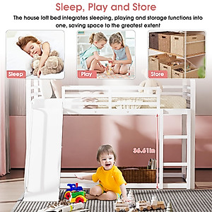 DreamBuck Bunk Bed Twin Over Twin, Metal House Shaped Bunk Bed with Convertible Slide and Ladder, Low Bunkbeds with High Guardrail for Kids Girls Boys, No Box Spring Needed, Without Noise, White