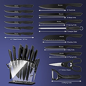 Knife Set, 16pcs Kitchen Knife Set High Carbon Stainless Steel, Chef Knife, 6 Serrated Steak Knives, Scissors, Peeler & Knife Sharpener with Acrylic Stand, Easy-Grip Handle, Rust-proof