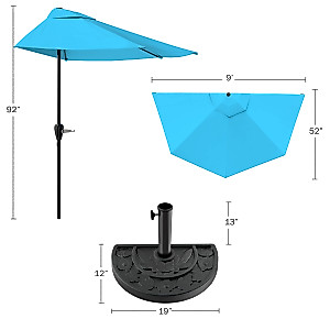 Half Umbrella Outdoor Patio Shade - 9 ft Patio Umbrella with Easy Crank - Small Canopy for Balcony, Table, or Deck by Pure Garden (Brilliant Blue)