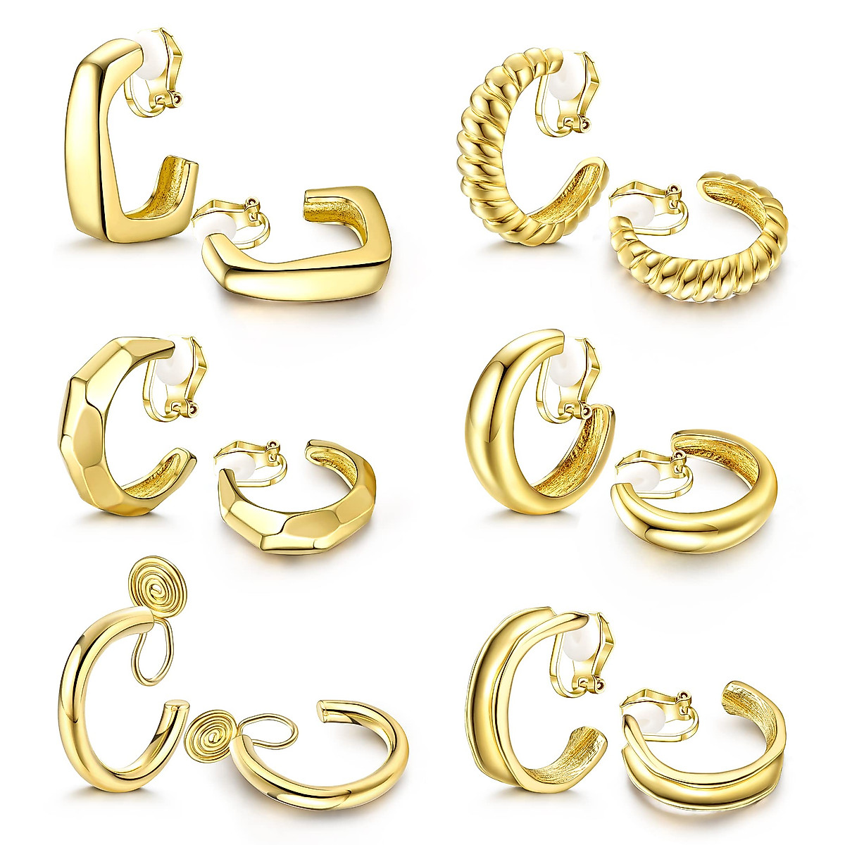 UBGICIG 6 Pairs Gold Clip on Hoop Earrings For Women Fashion Clip on Earrings Gold Chunky Hoop Earrings No Piercing Fake Earrings Set (Gold Tone)