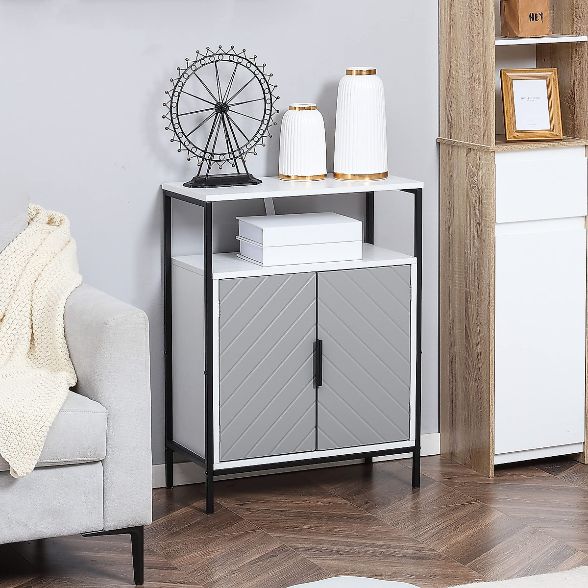 HOMCOM Storage Cabinet with Open Shelf and Double Door Cupboard, Accent Cabinet with Herringbone Panel and Steel Frame, Gray