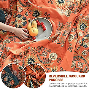 Y-PLWOMEN Boho Throw Blanket - 100% Cotton Soft Bohemian Queen Quilt Blanket for Bed, Orange Floral Reversible Throw Blanket for Couch Sofa Chair, 90"x98" Farmhouse Throw Blanket for All Season