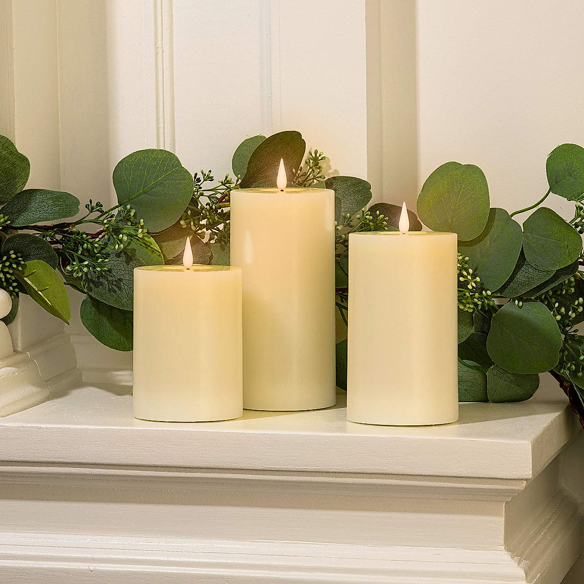 LampLust Realistic Flameless Candles with Remote - Set of 3, Batteries Included, Real Wax, 3D Flickering LED Flame, 3 Inch Diameter Pillar Candles for Mantel Decor, Valentine & Wedding Decorations