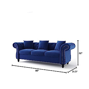 ERDAYE 80" Chesterfield Sofa Tufted Velvet Upholstered 3-Seater Couch with Scrolled Arms and Nailhead Decoration,3 Pillows Included, Blue