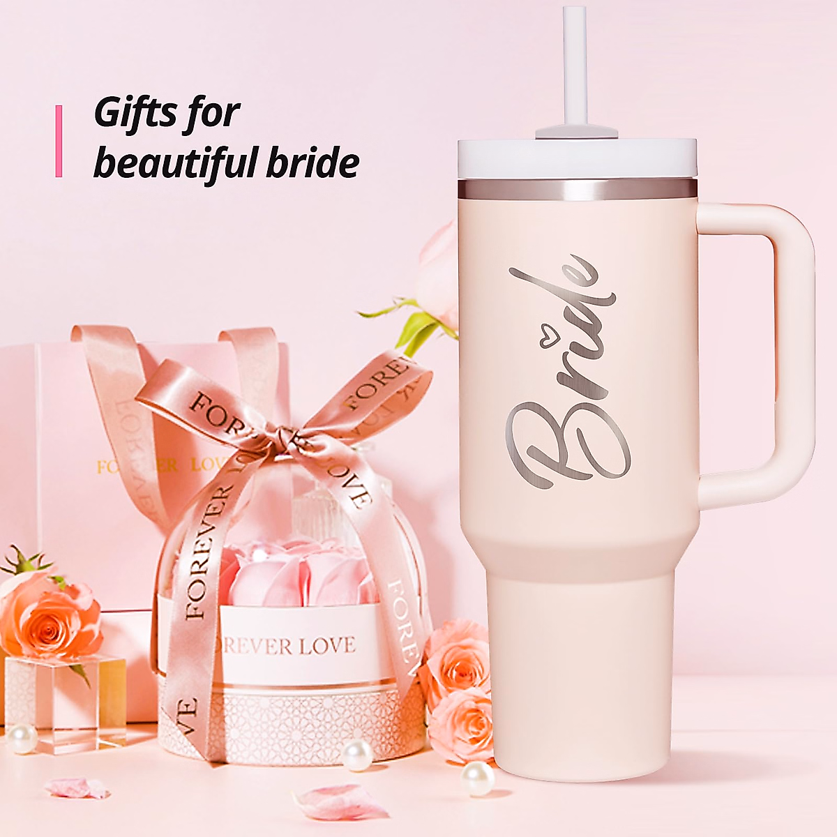 Bride To Be Gifts Bridal Shower Gifts Bachelorette Gifts for Bride Engagement Gifts for Her Wedding Gifts for Bride Bachelor Party Gifts Stainless Steel 40 oz Tumbler Cup with Handle Lids Straws