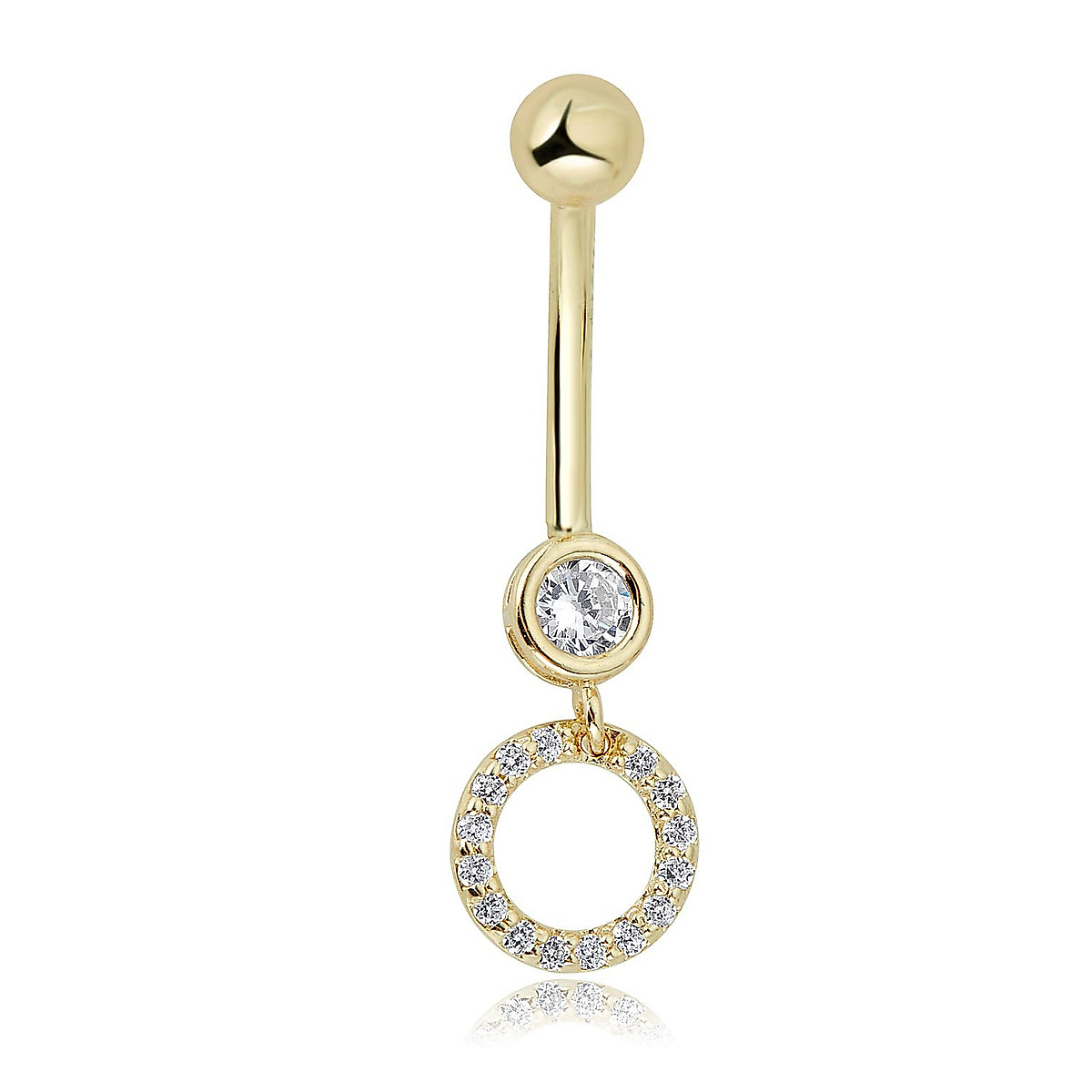 AVORA 10K Yellow Gold Simulated Diamond CZ Open Circle Dangling Belly Button Ring Body Jewelry (14 Gauge)