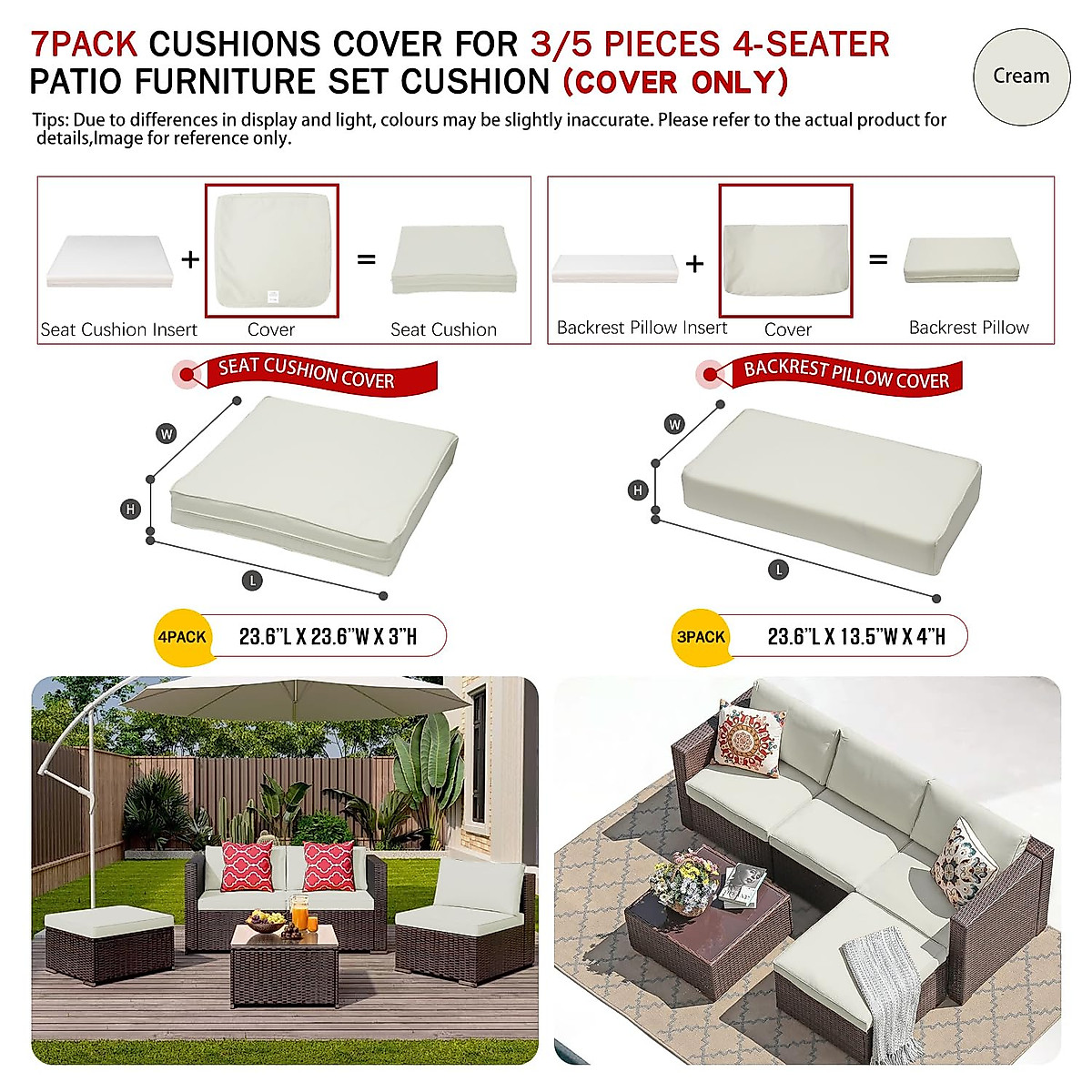 ClawsCover 7Pack Outdoor Seat and Back Cushions Replacement Covers Fit for 3/5 Pieces 4-Seater Wicker Rattan Patio Furniture Conversation Set Sectional Couch,Cream-Small (Include Cover Only)
