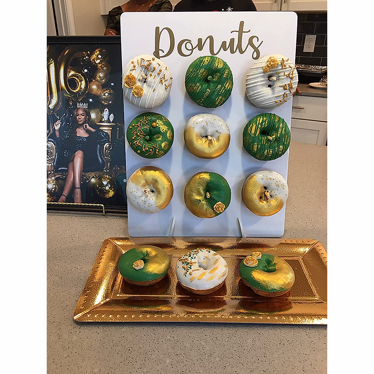 OWOYDOJ Donut Stand for Party, Donut Wall Holders for Table, Reusable Wood Doughnut Pegboard for Baby Showers, Bridal Shower, Birthday, Wedding, Holds 9 Doughnuts