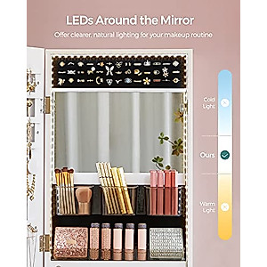 SONGMICS Mirror Jewelry Cabinet Armoire Organizer, Wall or Door Mount Storage Cabinet with Full-Length Frameless Lighted Mirror, Built-in Makeup Mirror, 2 Drawers, Lockable, White UJJC013W01