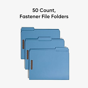 Smead Fastener File Folders, 50 Count, Blue, Reinforced 1/3-Cut Tabs, 2 Fasteners, Letter Size (12040)