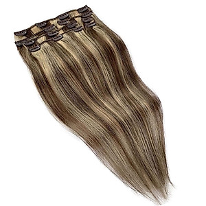 Clip in Hair Extensions Real Human Hair, 15 Inch 7PCS Human Hair Clip in Extensions Brown and Blonde Highlights Thick Full Brown Hair Extensions with Blonde Highlights Clip ins, Lightweight to Wear