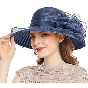 Wide-Brim-Kentucky-Hat Sun-Hat for Womens Foldable UV-Protection Summer-Derby-Tea-Party-Fascinator-Hats(M/L) Navy