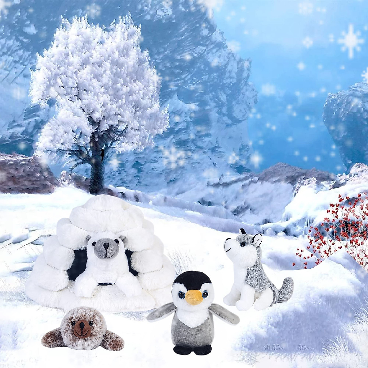 Nleio Stuffed Animals Set, 5 Piece Baby Stuffed Animals with Plush Igloo, Including Seal/Husky/Polar Bear/Penguin Stuffed Animal, Plush Toys Set Ideal Gift for Kids Babies Toddlers