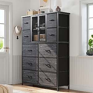 EnHomee Dresser for Bedroom with Mesh Door Tall Dressers & Chests of Drawers with 10 Fabric Drawer Morden Dresser Organizer,Metal Frame,Wood Top,for Closet,Entryway,Black 38" Wx11.81 Dx48.1 H