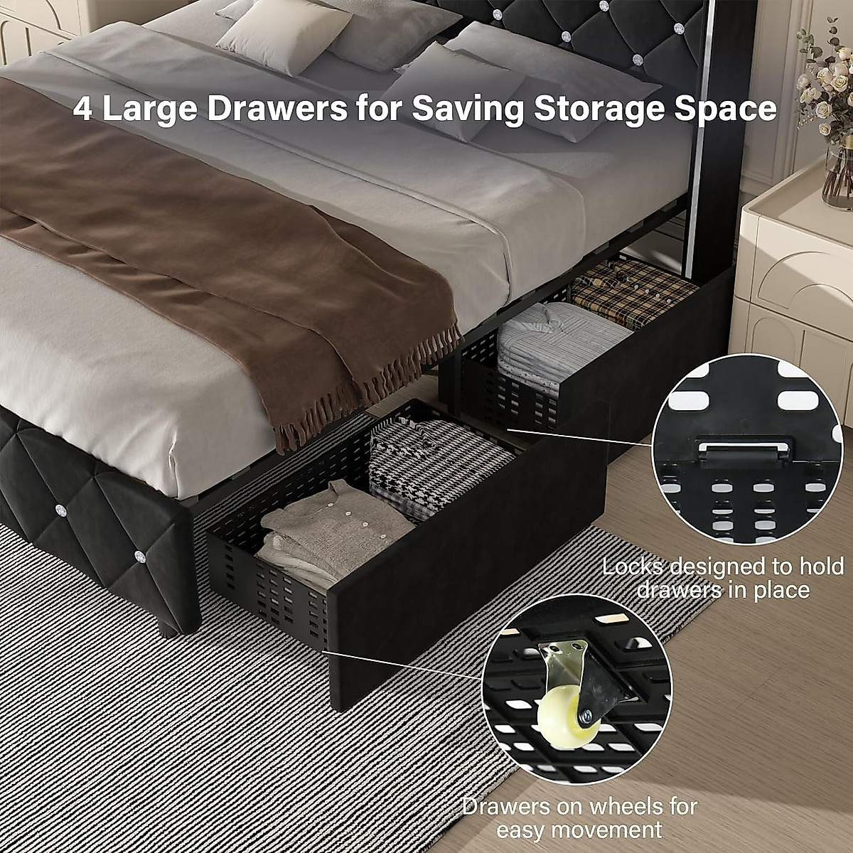 HOMBCK Queen Bed Frame with 4 Storage Drawers,Upholstered Bed Frame with Diamond Headboard and Footboard, Black Velvet Bed Frame with Wingback, Solid Wood Slats, Black