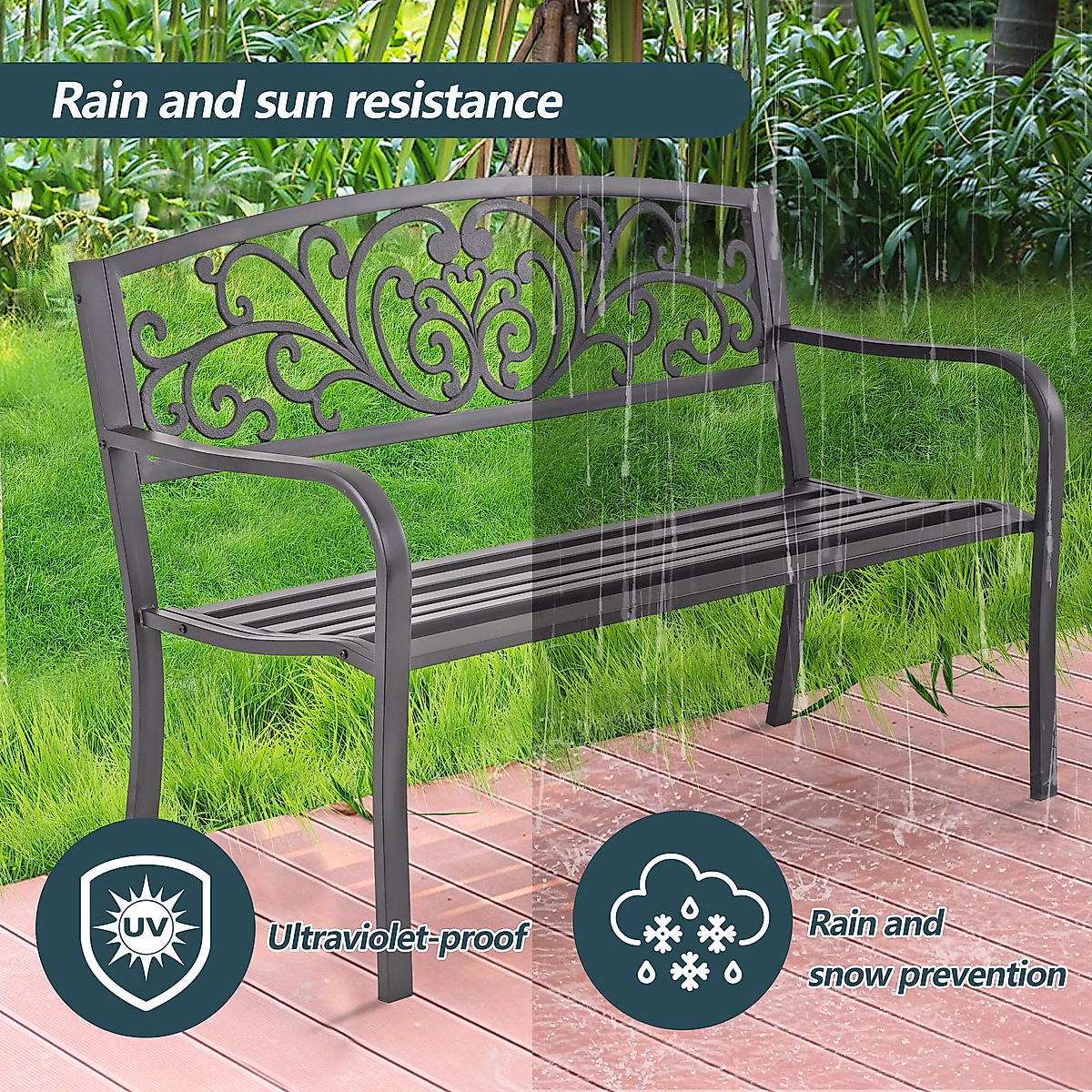 Ruesleag Garden Bench,Outdoor Bench Metal Bench Patio Porch Furniture with Sturdy Steel Frame for Lawn Park Deck Black