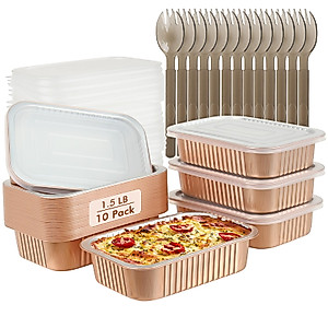 LNYZQUS 7” x 5” Small Aluminum Pans with Lids 10 Pack, 1.5lb/25oz Heavy Duty Foil Baking Tins To Go Containers,Individual Leftover Containers Baked Food Holders Box for Oven Grill-Champagne