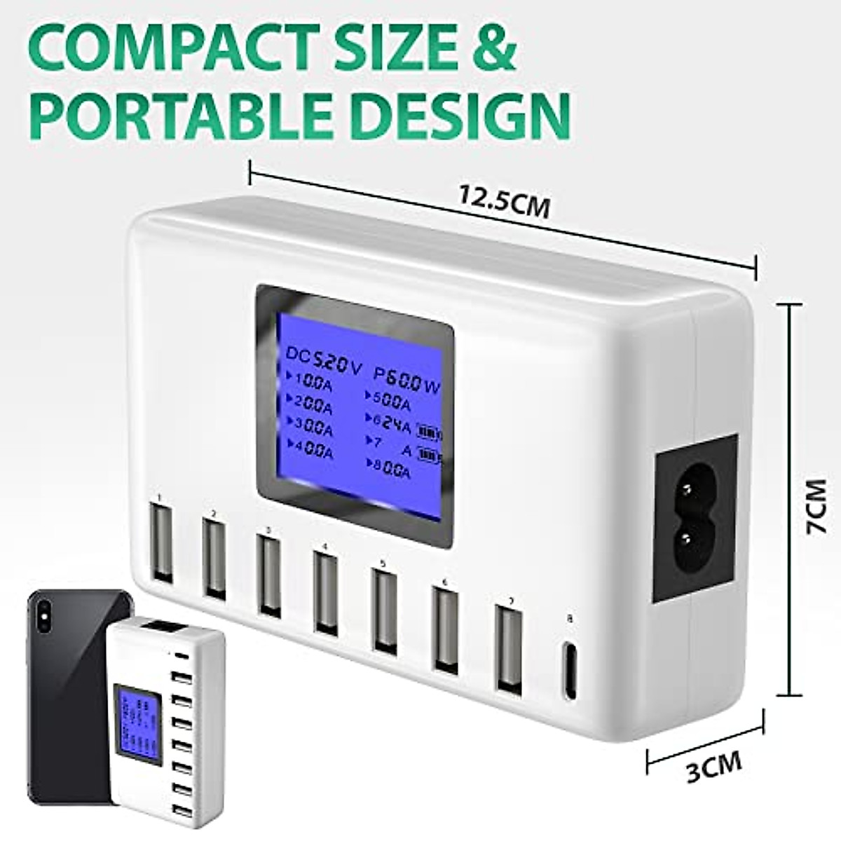 USB C Charging Station, Desktop Smart Multi Port USB Charging Station with LCD Display for Multiple Devices, 8 Ports 60W/12A USB Charger Station for iPad iPhone Android Phone and Tablet (White)
