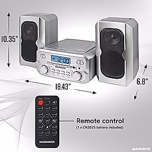 Magnavox MM435M-SL 3-Piece Compact CD Shelf System with Digital FM Stereo Radio, Bluetooth Wireless Technology, and Remote Control in Silver | LCD Display | AUX Port Compatible | 2022 Version |