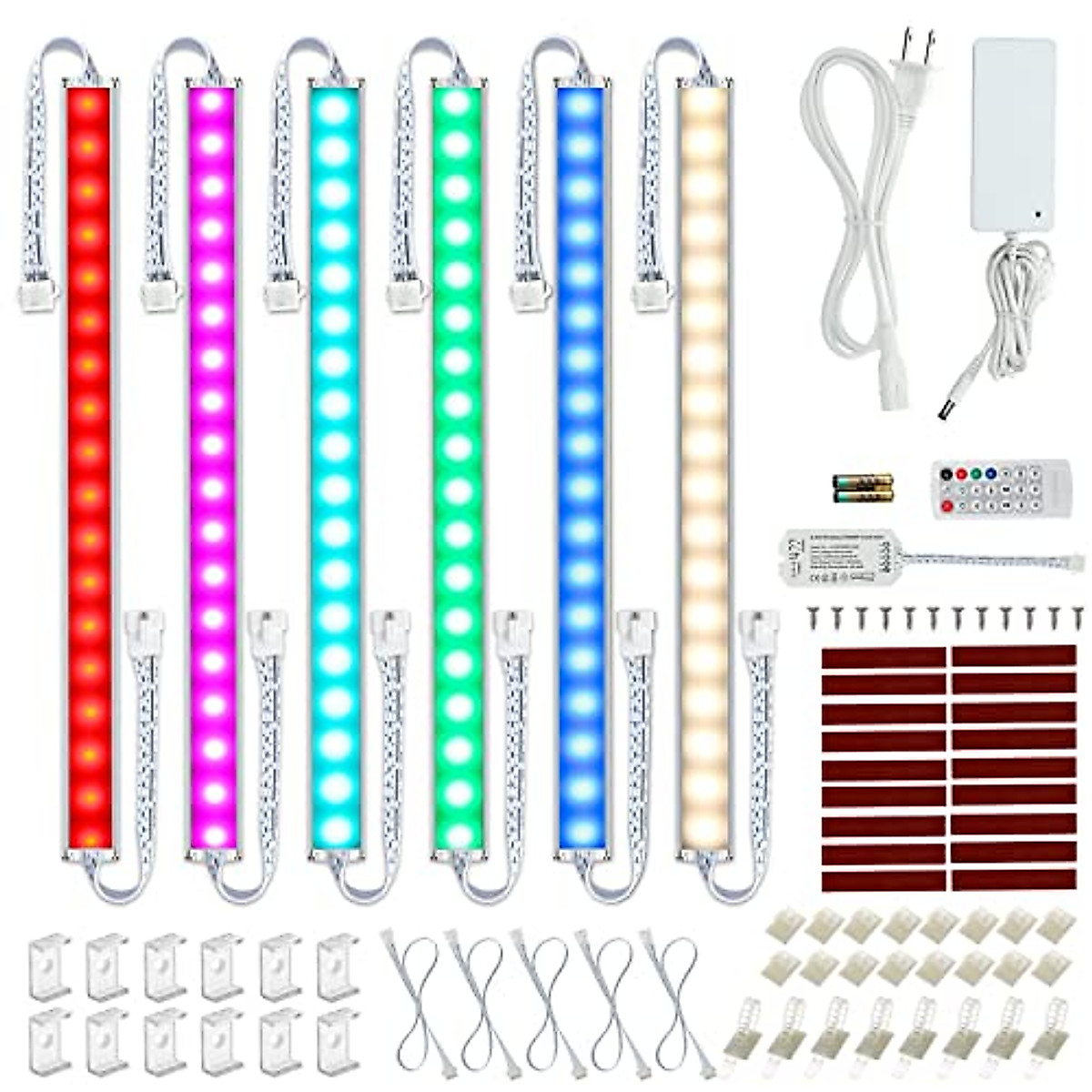 Kitchen Under Cabinet LED Light. RGBW. Color Change & Super Bright Cool White Light. Remote with Dimming. 6 LED Light Bars with Power Adapter, Extension Cable. Plug in. Easy to Install. RGB + 4000K.