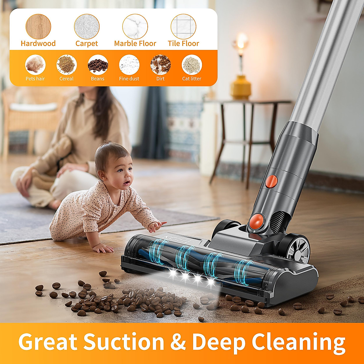 KOHE Cordless Vacuum Cleaner with LED Display, 6-in-1 Lightweight Stick Vacuum,45 Mins Max Runtime,2200 mAh Battery,Powerful Rechargeable Vacuum Cleaner for Hard Floor Carpet Pet Hair Home-V10