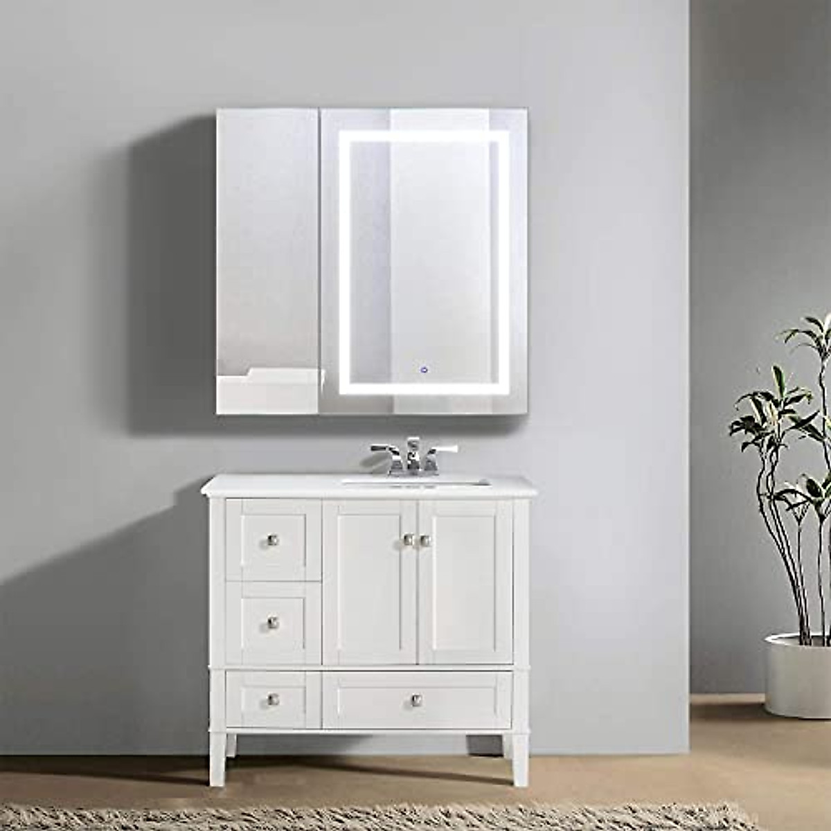 Krugg LED Medicine Cabinet 36 Inch X 36 Inch | Recessed or Surface Mount Mirror Cabinet w/Dimmer & Defogger + 3X Makeup Mirror Inside & Outlet + USB (Right Side Light)