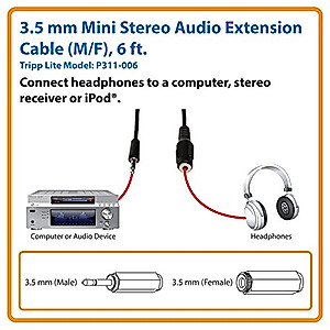 Tripp Lite 3.5mm Mini Stereo Audio Extension Cable for Speakers and Headphones (M/F), 6-ft.(P311-006) BLACK