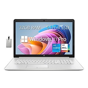 HP 17.3" FHD IPS Business Laptop, 11th Gen Intel Core i5-1135G7(Beats i7-1065G7), 32GB RAM, 512GB PCIe SSD, Intel Iris Xe Graphics, HD Webcam, Windows 11 Pro, Silver, 32GB Hotface USB Card