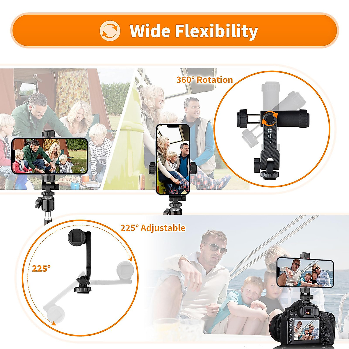 TARION Tripod Phone Mount Holder with 3 Cold Shoe Mount Cell Phone Mount Adapter for Tripod 360° Rotation Universal 1/4" Screw Smartphone Tripod Attachment Compatible with iPhone Samsung HVC-02
