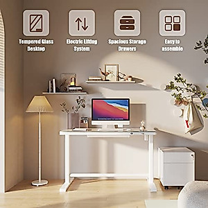 AITERMINAL Glass Standing Desk with Drawer, Electric Height Adjustable Home Office Desk with Storage & USB Ports, 45 x 23 Inch Tempered Glass Tabletop (White)