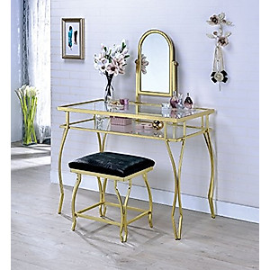 Furniture of America Hellens Modern Metal 3-Piece Vanity Set, Glass Top 1-Shelf Table, Adjustable Mirror and Padded Stool for Bedroom, Champagne Gold