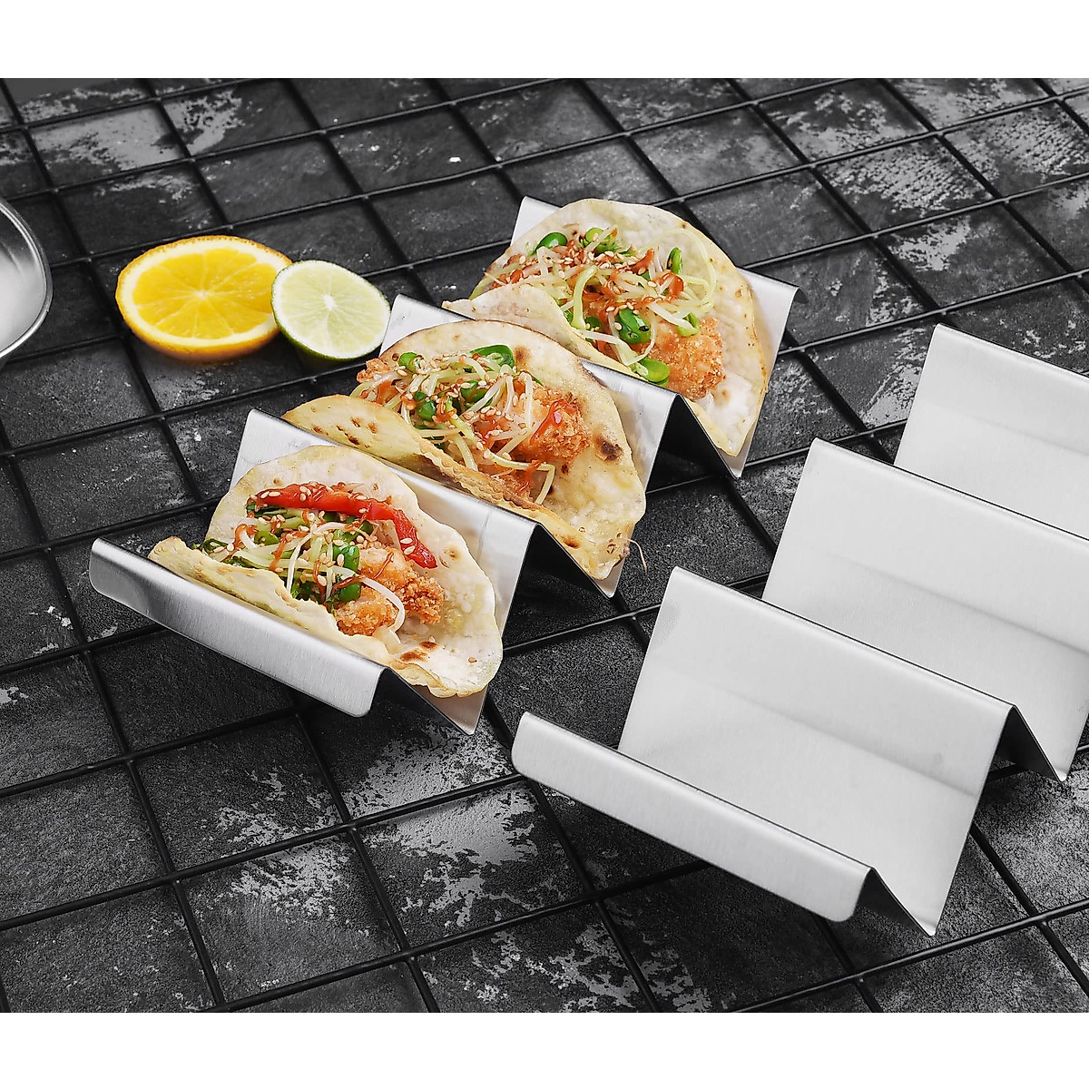 Taco Holders 4 Packs - Stainless Steel Taco Stand Rack Tray Style by ARTTHOME, Oven Safe for Baking, Dishwasher and Grill Safe