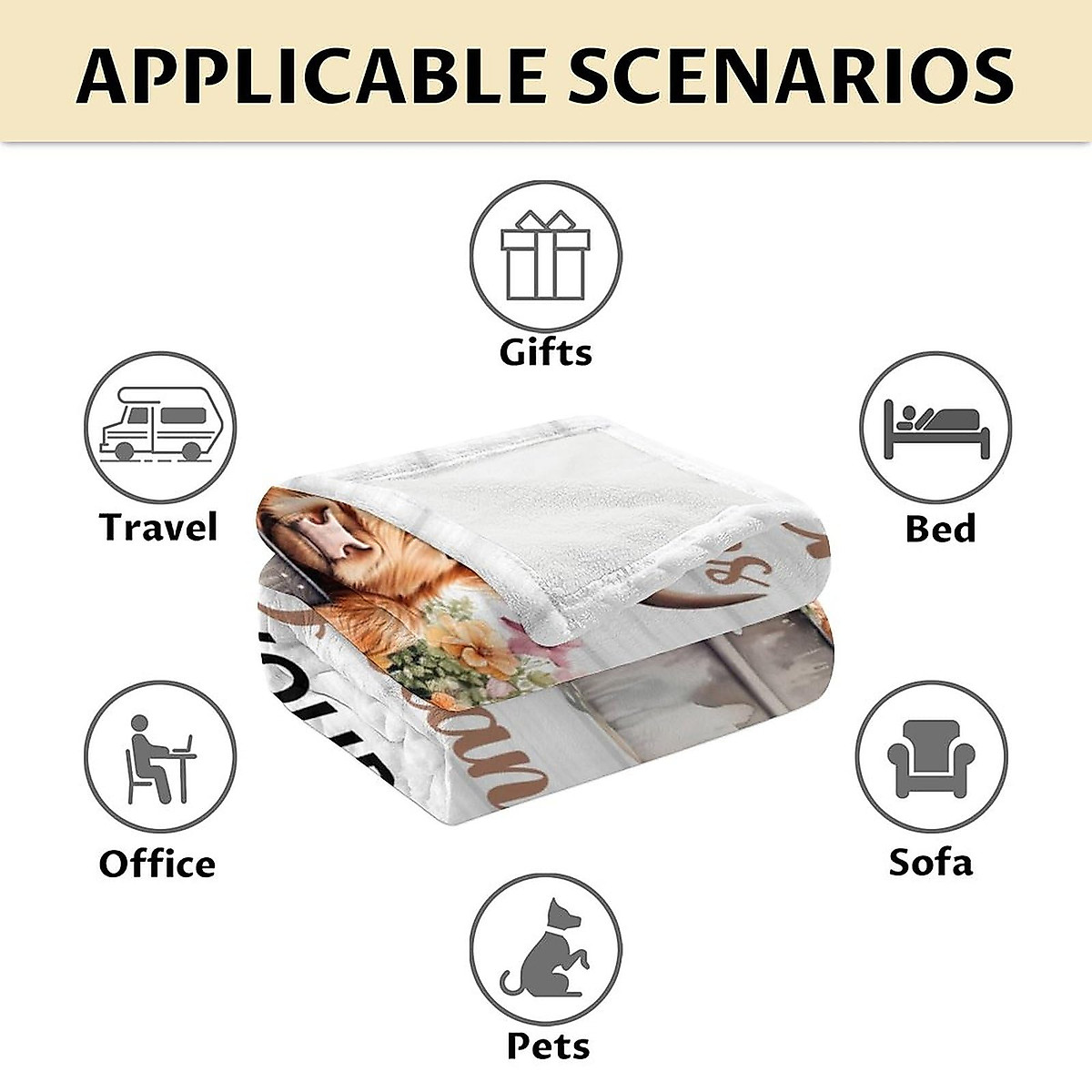 Custom Highland Cow Blanket with Name for Kids, Aldults - Soft, Fuzzy & Cozy - 50"x60" Throw Size Blankets for Sofa, Work - White Cute Warm Throw Blankets Gifts