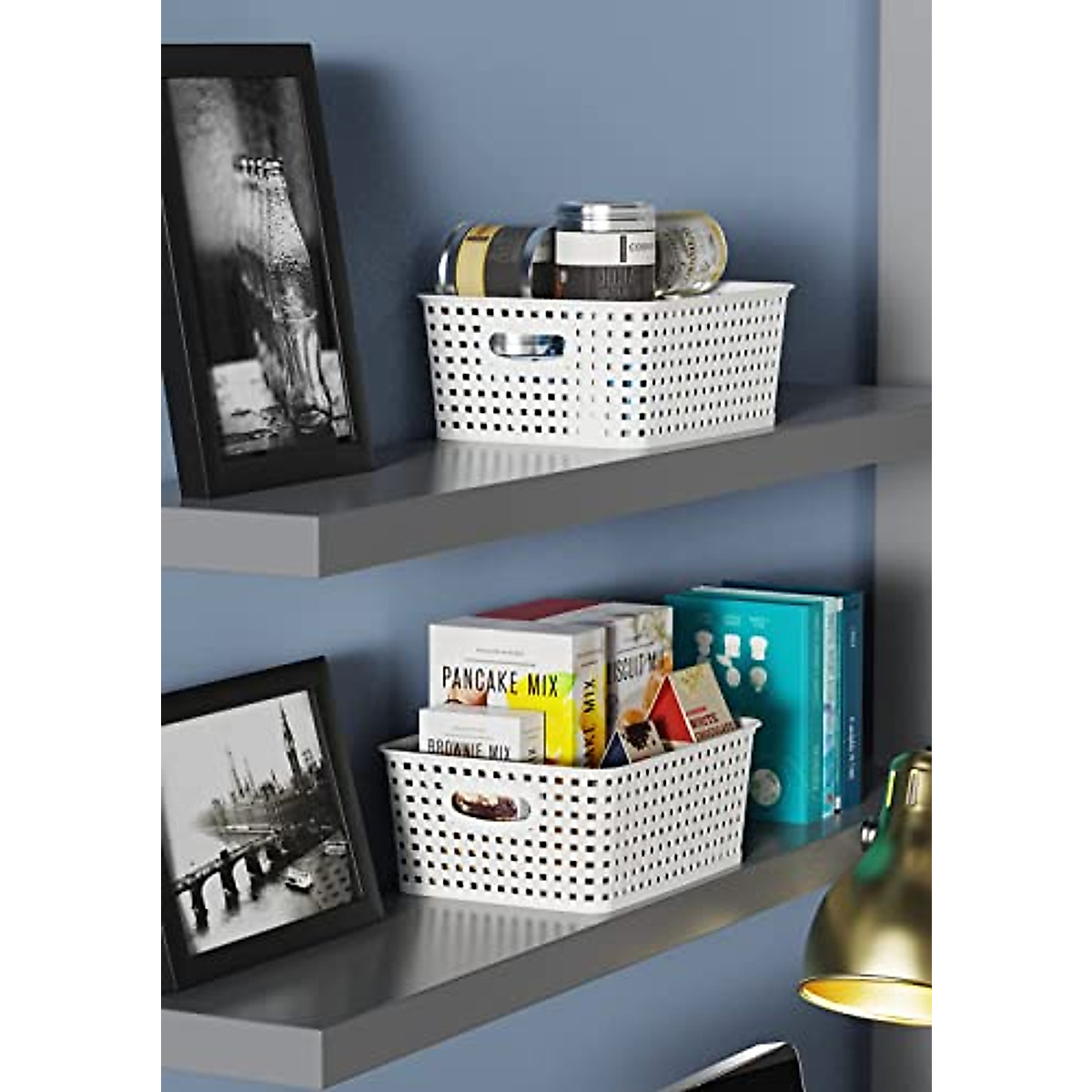 Woven Plastic Storage Baskets, 6 Pack White Weave Bins Organizer, 10.1" x 7.55" x 4.1"