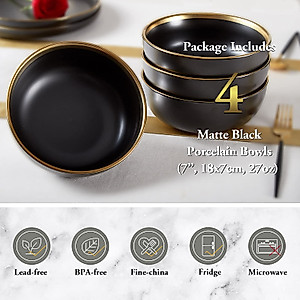 DUJUST Matte Black Porcelain Dinner Bowls of 4, 7 inch (27oz), Luxury Design with Handcrafted Gold Trim, Easy to Clean, Great Durability for Cereal/Soup/Rice/Oat, Chip Resistant, Lead-Free & BPA-Free