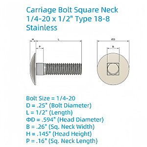 1/4"-20 X 1/2"(100pc) Stainless Carriage Bolt, 18-8 Stainless Steel Full Thread Coverage,Carriage Bolt,by SANTIE