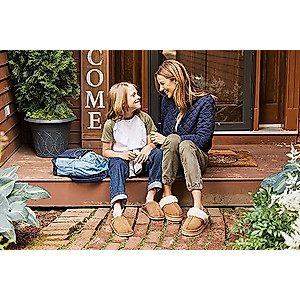 Dearfoams Women's Fireside Sydney Shearling Fur Indoor/Outdoor Scuff Slipper with Wide Widths, Chestnut Platform, 9