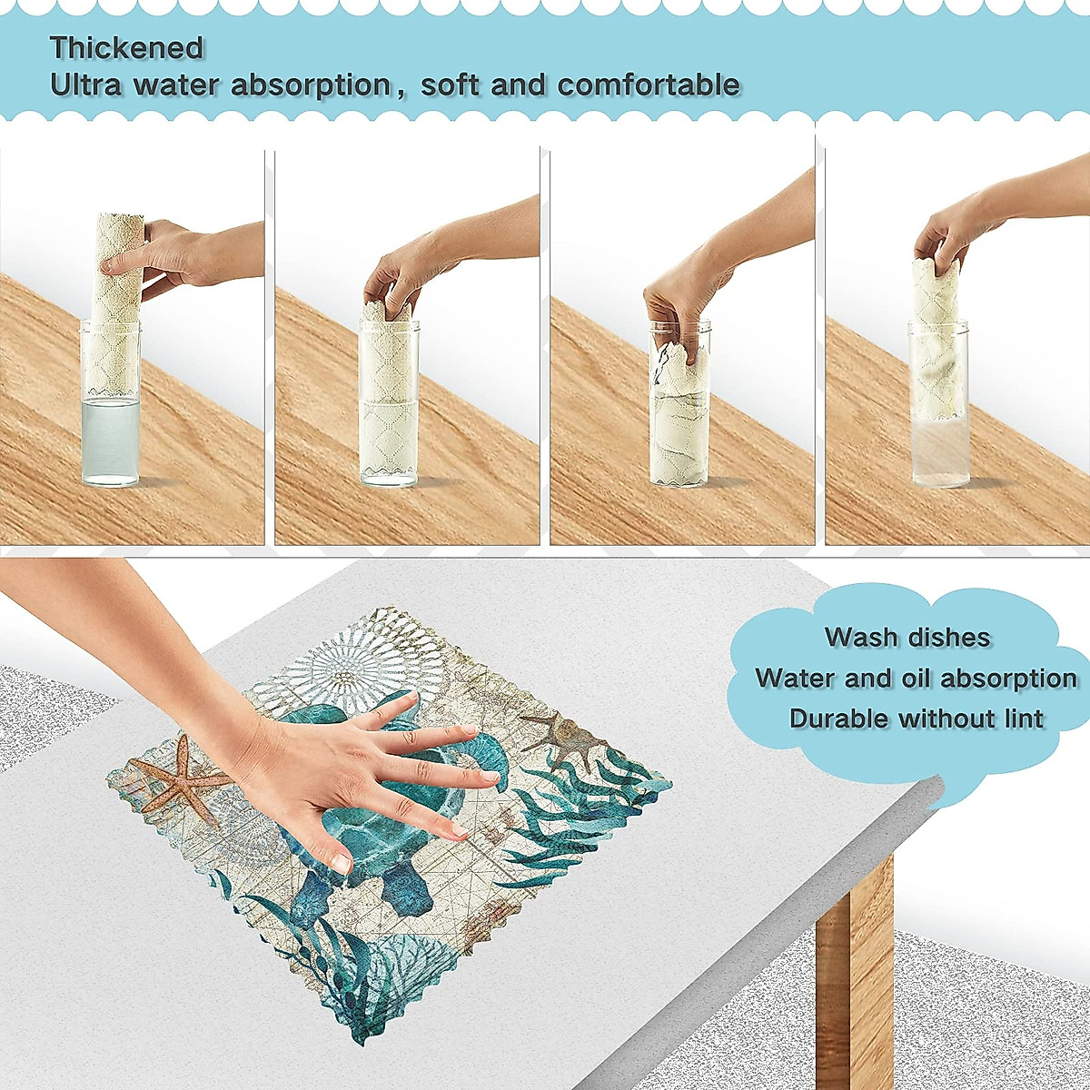 Sea Turtle Starfish Ocean Dish Towel Cleaning Cloth Retro World Map Kitchen Bath Hand Towels 11x11 IN Super Absorbent Lint Free Tea Bar Car Soft Towel Kitchen Accessories Set of 6