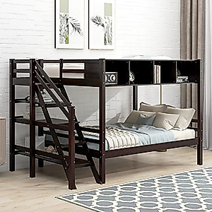 DEYOBED Twin Over Full Wooden Bunk Bed with Storage Staircase and Cabinets for Kids Teens