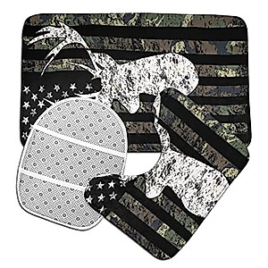 Camouflage Deer American Flag Hunting Bathroom Carpet Floor Mat 3-Piece Set, Washable Bathroom Floor Mat/U-Shaped Toilet Mat/O-Shaped Toilet Lid Cover, with Solid Rubber Backing